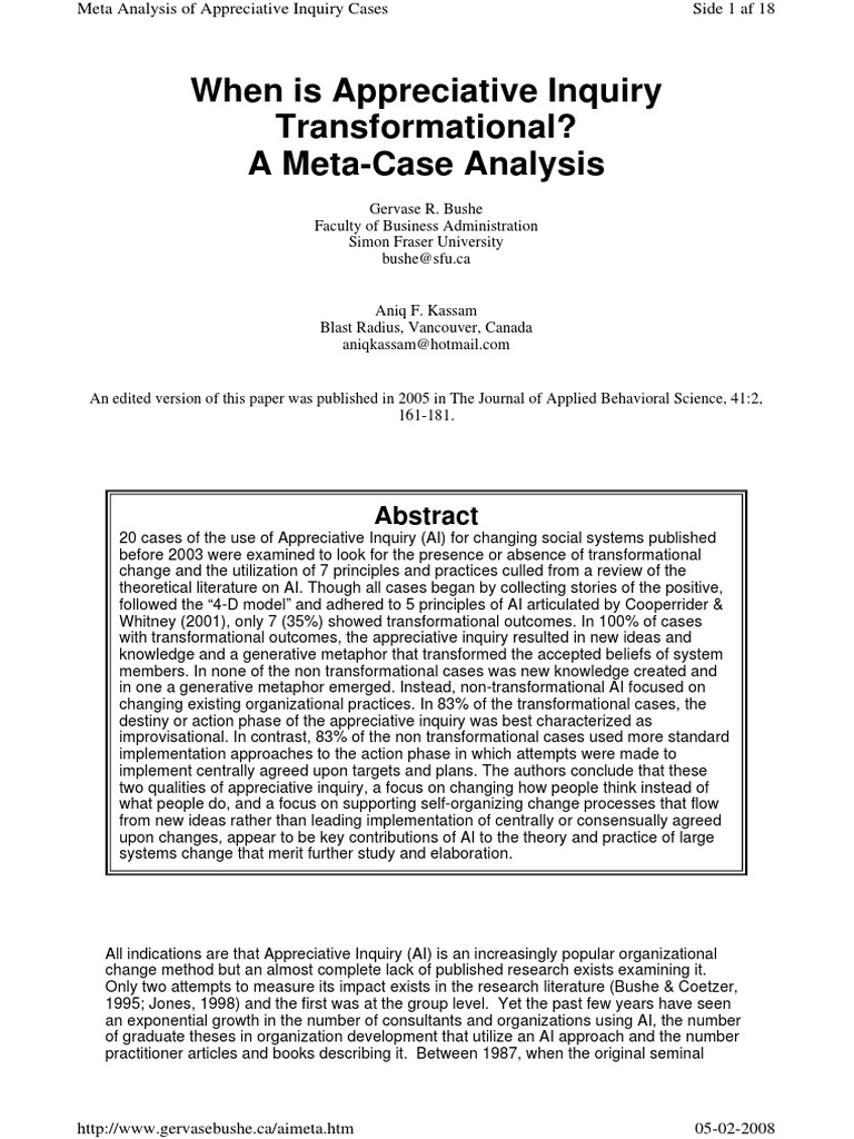 When Is Appreciative Inquiry Transformational? A Meta-Case Analysis - Gervase R Bushes | PDF ...