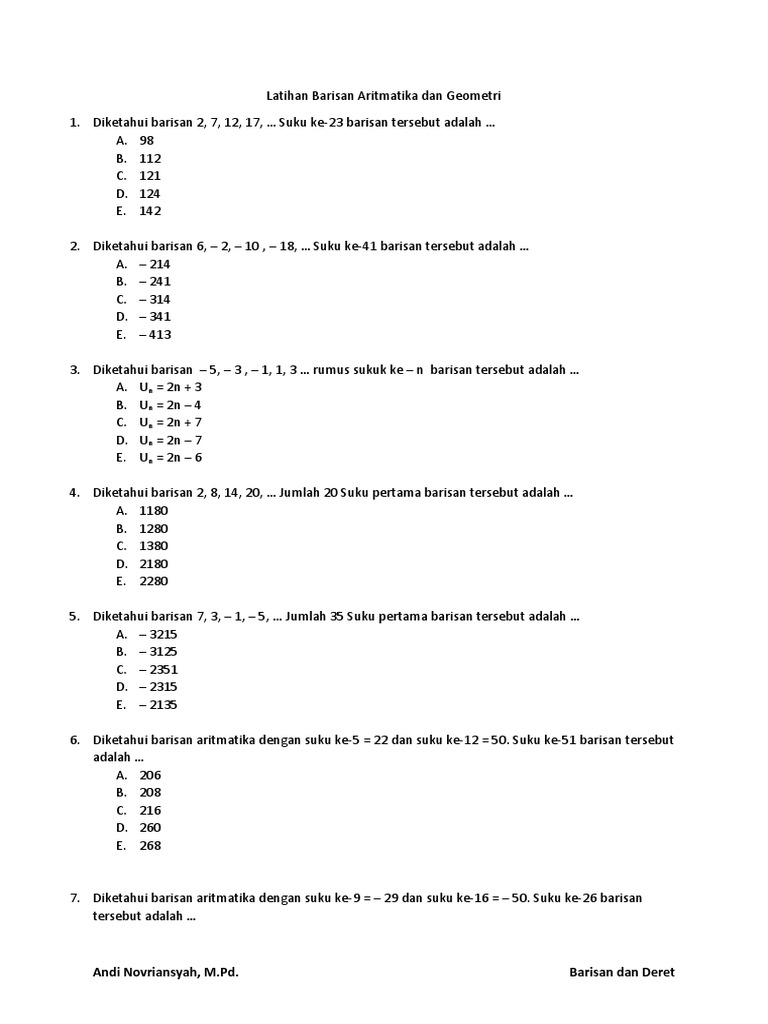 Latihan Soal Barisan Aritmatika Dan Geometri | PDF