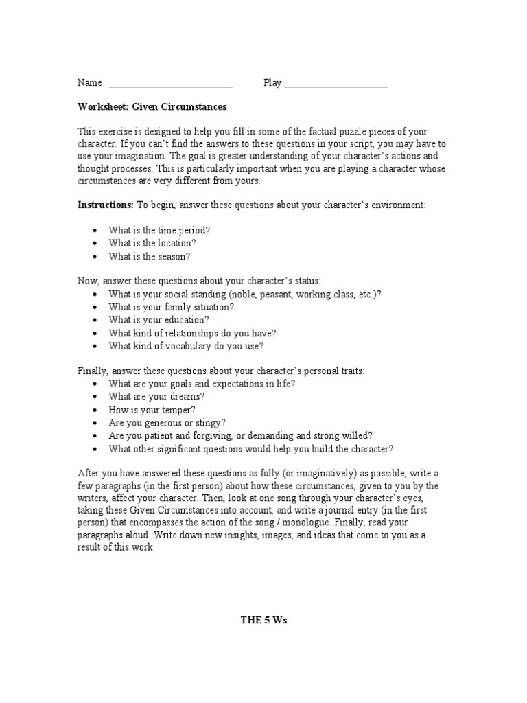 Given Circumstances and 5Ws Worksheet | PDF