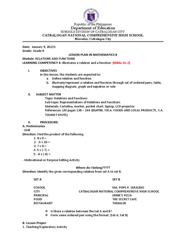Lesson Plan - Relations and Functions | PDF | Function (Mathematics) | Mathematics