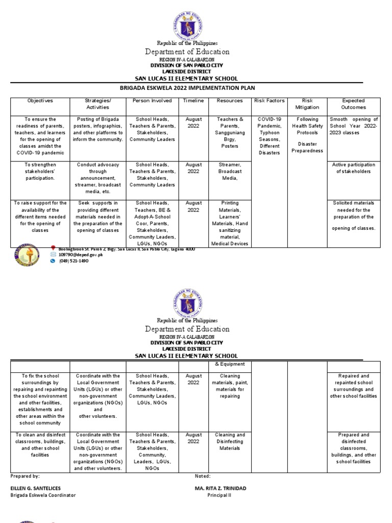 Brigada Eskwela Implementation Plan 2022 | PDF | Emergency Management | Health Sciences