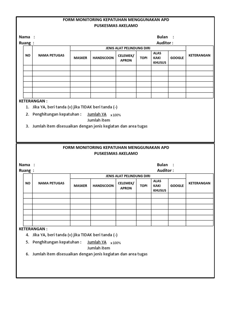 Form Monitoring Kepatuhan Menggunakan Apd | PDF
