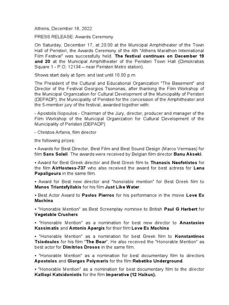 Press Release 2022 Athens Marathon | PDF