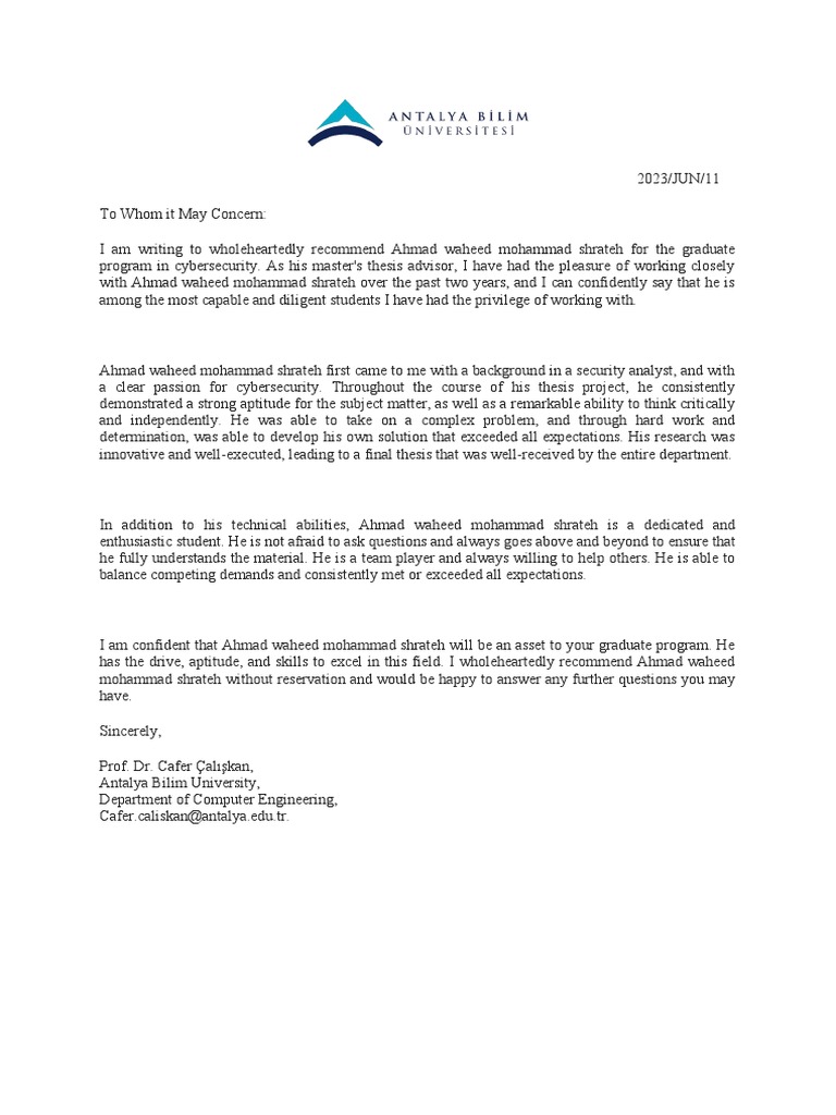 Recommendation Letter Ahmad Shrateh | PDF