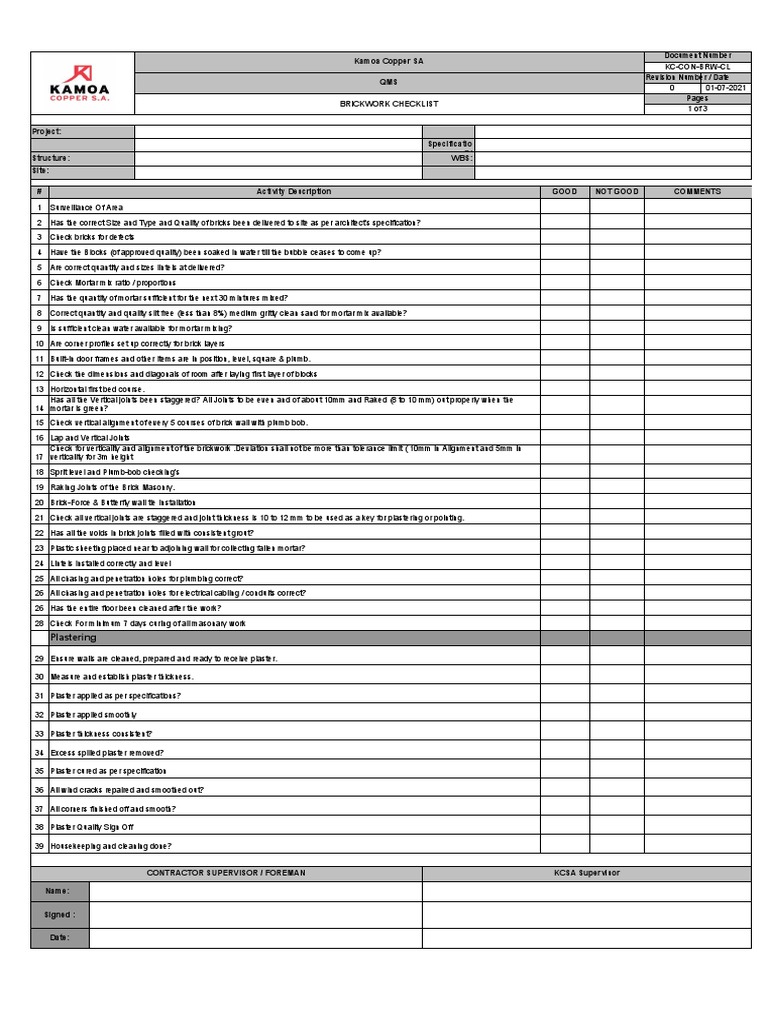 Brick Works - Checklist | Download Free PDF | Brick | Masonry