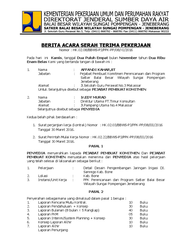 Berita Acara Serah Terima Pekerjaan DD Pengembangan Sanrego | PDF