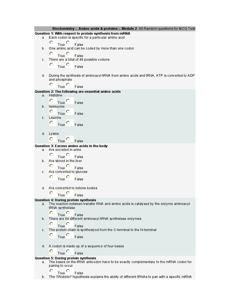 Biochemistry MCQs: Amino Acids & Proteins | PDF | Translation (Biology ...