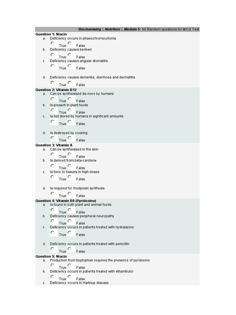 Biochemistry - Nutrition - Module 5 60 Random Questions For MCQ Test ...