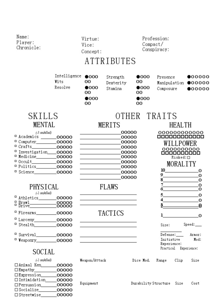 World of Darkness Hunter The Vigil Character Sheet | PDF | Psychology