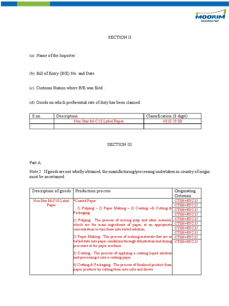 FTA Form Details Reqd From Supplier - Moorim P&P - 4810.29 - Kanodia | PDF | Paper | Papermaking