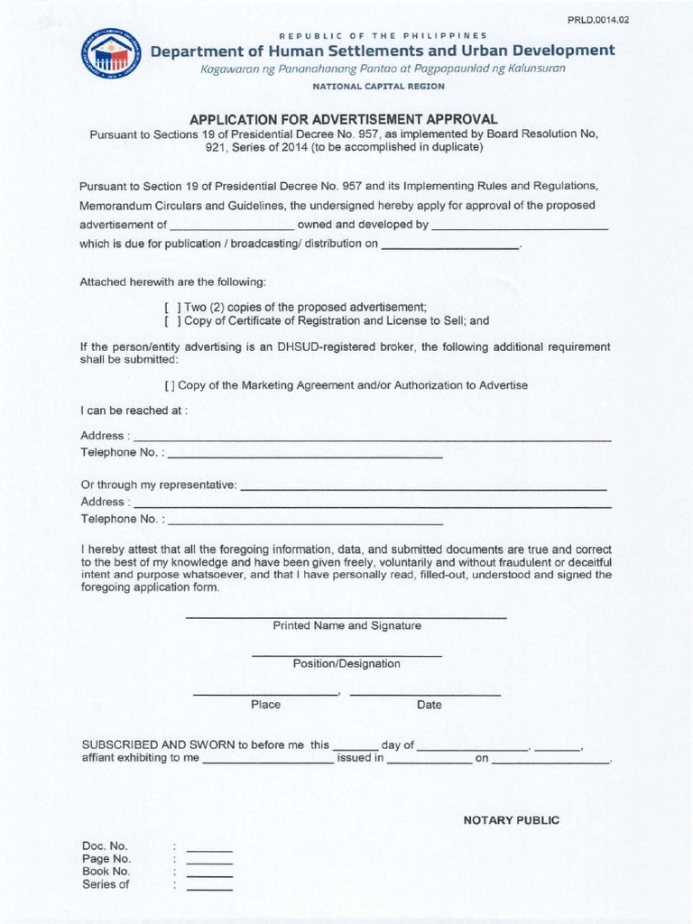 Application For Advertisement Approval DHSUD | Download Free PDF ...