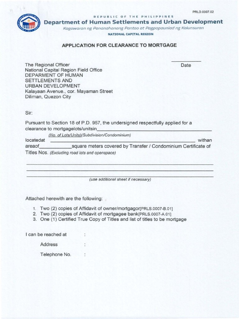 DHSUD Mortgage Clearance Application | PDF
