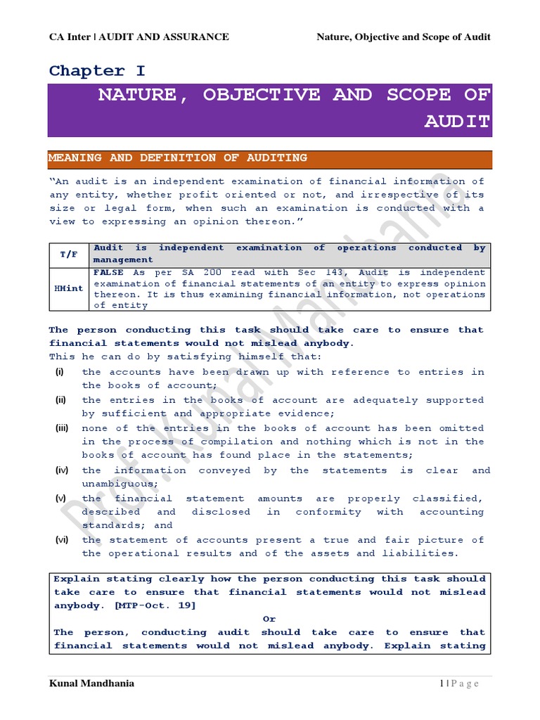 CH 1 - Nature, Objective and Scope of Audit | PDF | Financial Audit | Audit