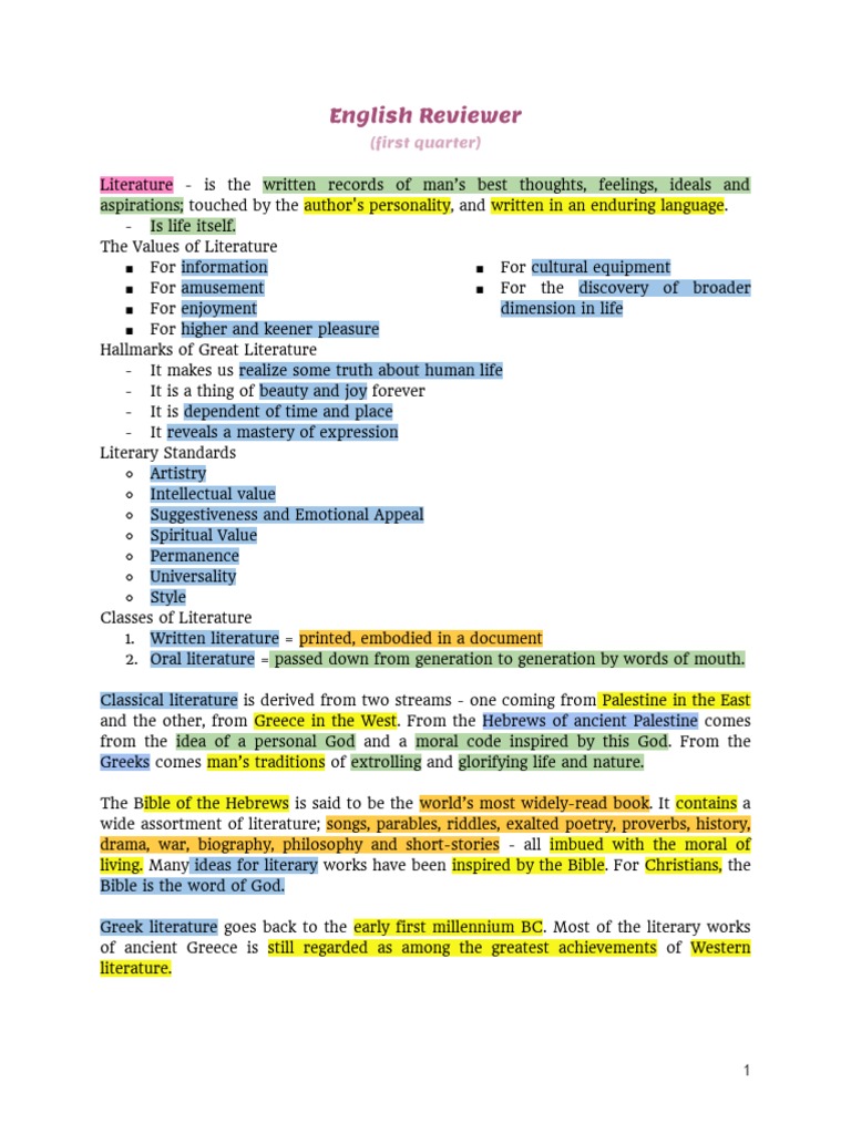 English Quarter 1 Reviewer Grade 10 | PDF | Psalms | Bible