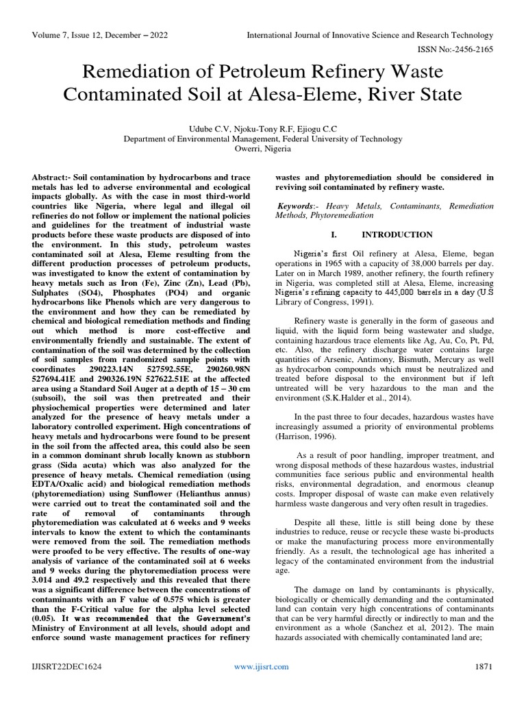 Remediation of Petroleum Refinery Waste Contaminated Soil at Alesa ...