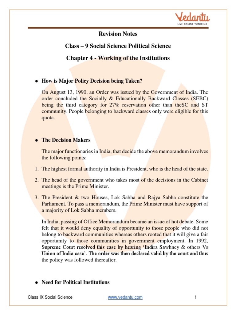 CBSE Class 9 Political Science (Civics) Chapter 4 Notes - Working of ...