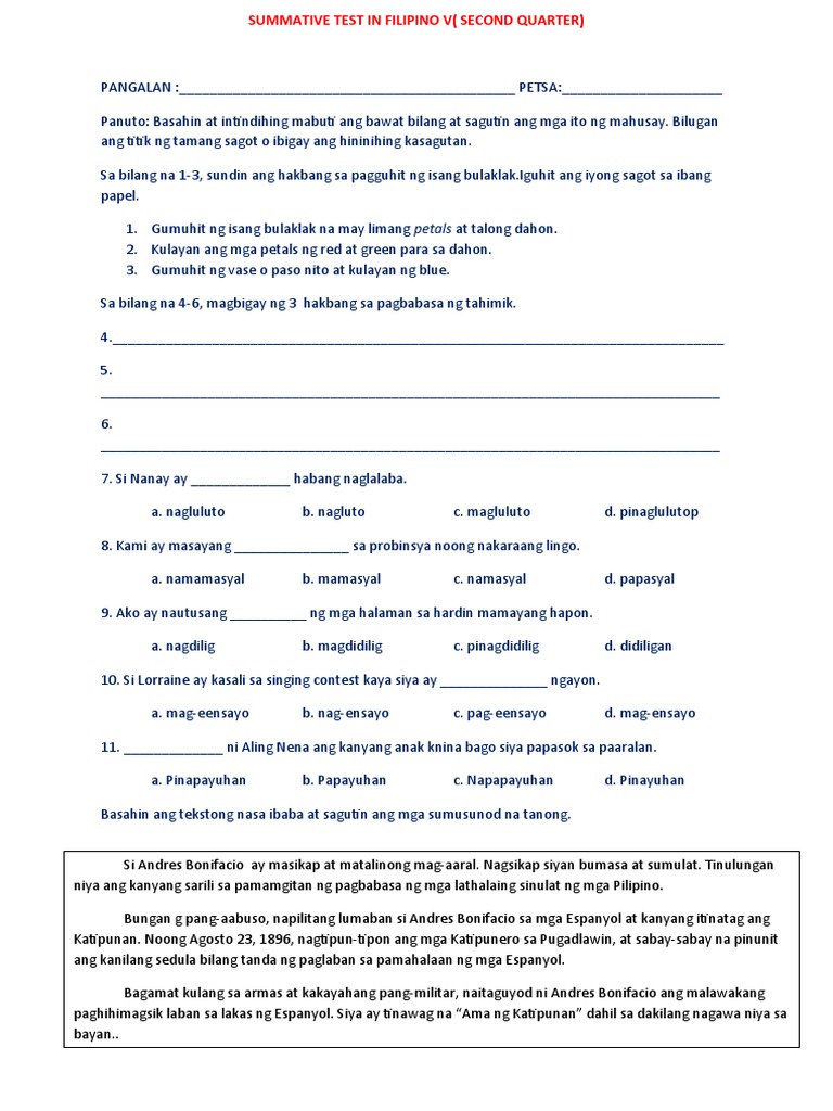 Summative Test in Filipino V - 1 | PDF