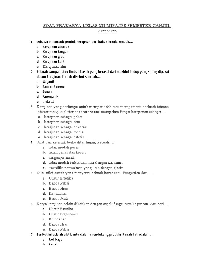 SOAL PKWU KELAS XI MIPA IPS GANJIL Fix | PDF | Seni
