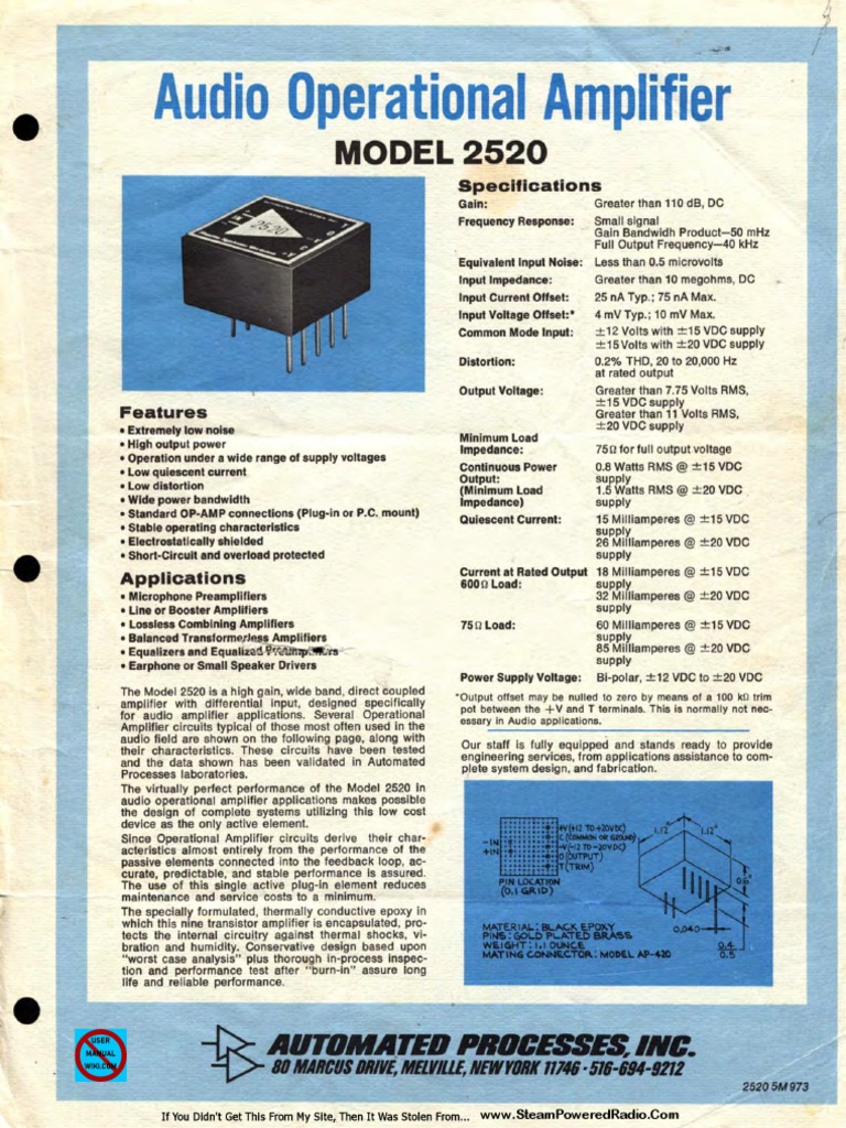 Model 2520 Audio Operational Amplifier | PDF | Amplifier | Operational ...