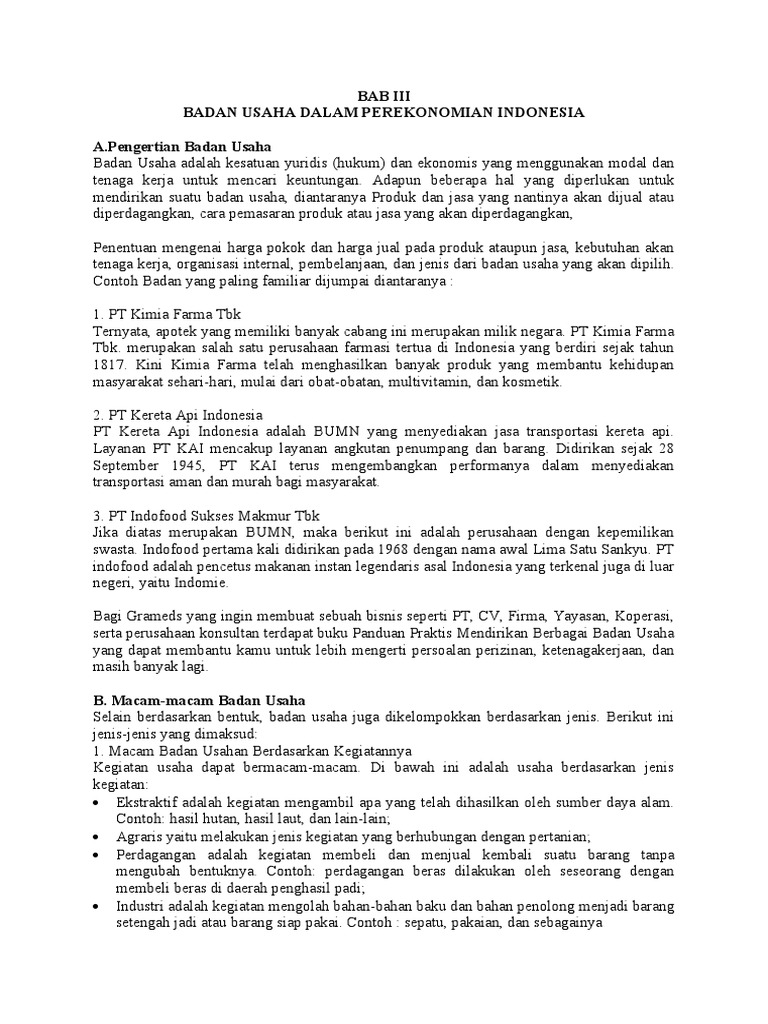 Badan Usaha Dalam Perekonomian Indonesia | PDF