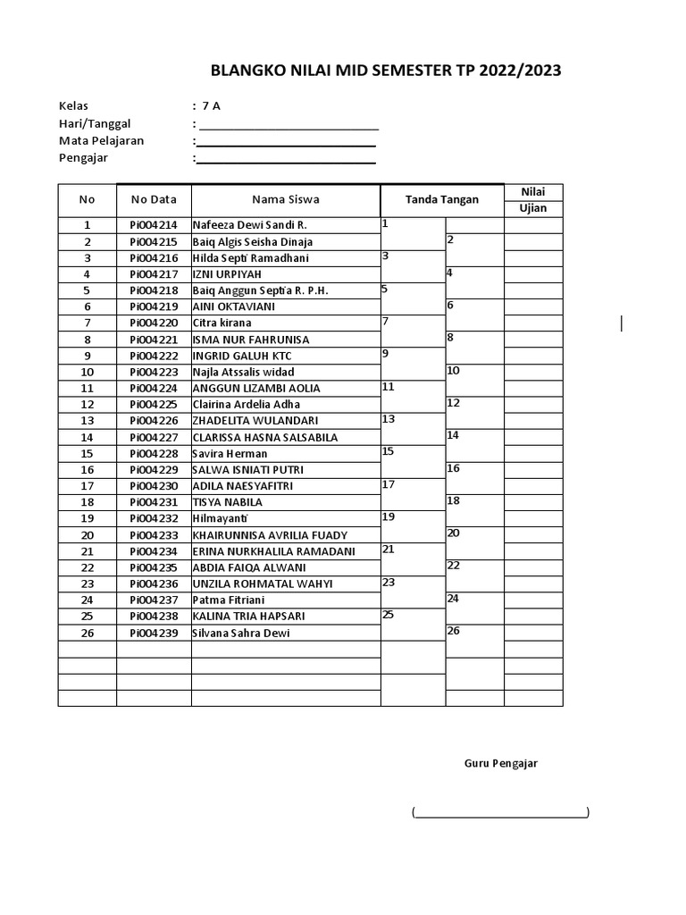 Blangko Nilai Kelas 7-12 2023 Tanpa Madani | PDF