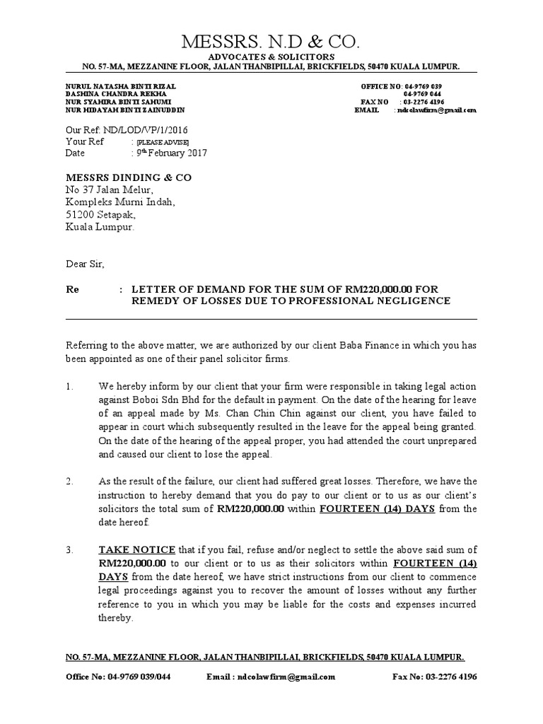 Letter of Demand Dinding (Torts) | PDF | Civil Law (Legal System ...