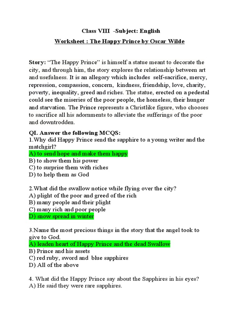 THE HAPPY PRINCE WORKSHEET | PDF | The Happy Prince And Other Tales