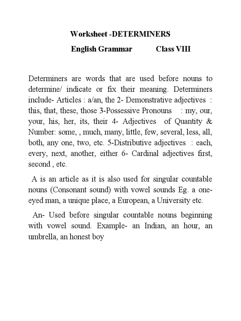 Determiners Worksheet | PDF | Noun | Adjective