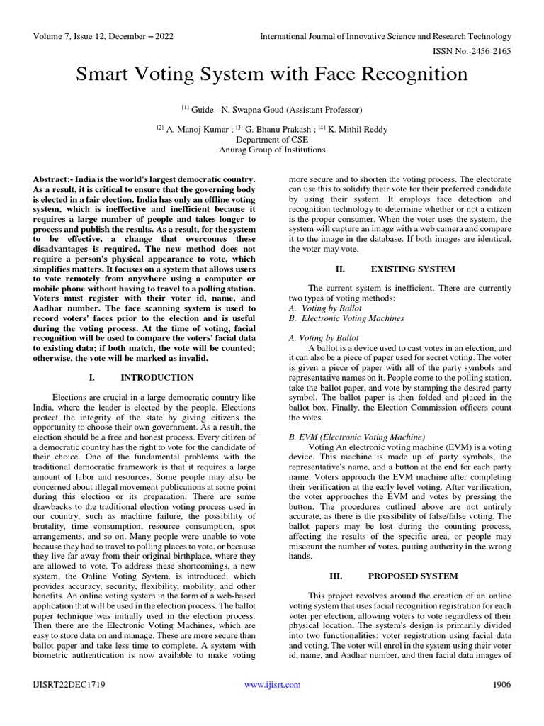 Smart Voting System With Face Recognition Pdf Voting Electronic Voting