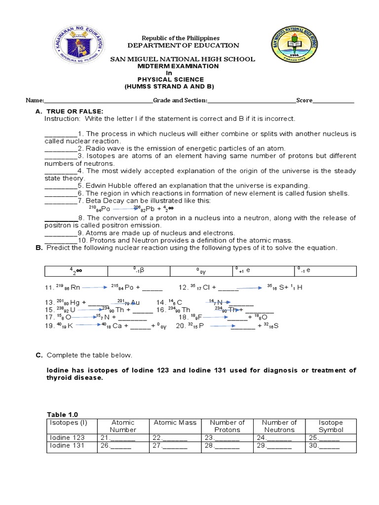 Physical Science Midterm Exam | PDF | Neutron | Atoms