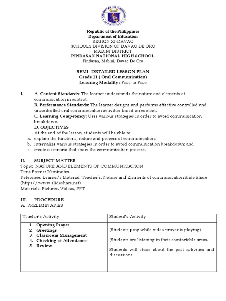 Grade 11 Oral Communication Lesson Plan | PDF | Communication ...