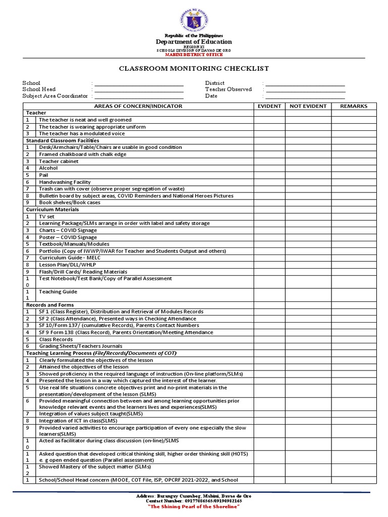 Classroom Monitoring Checklist | PDF | Learning | Teachers
