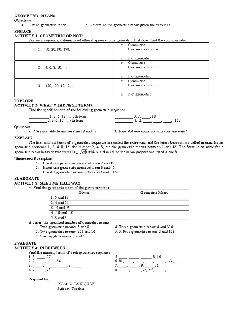 Geometric Means Lesson Pdf Geometry Mathematics