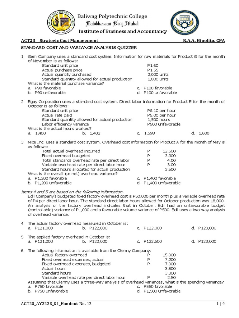 ACT23 - 12 - Standard Costs and Variance Analysis | PDF | Cost Accounting | Business
