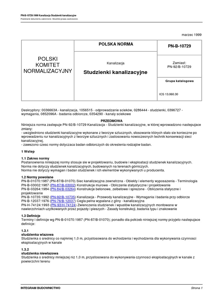 PN B 10729 1999.kanalizacja - Studzienki Kanalizacyjne | PDF