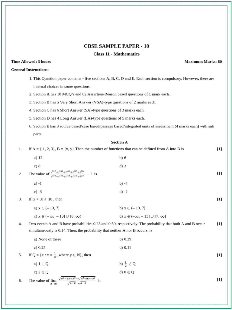 Class 11 Sample Paper 10 | PDF
