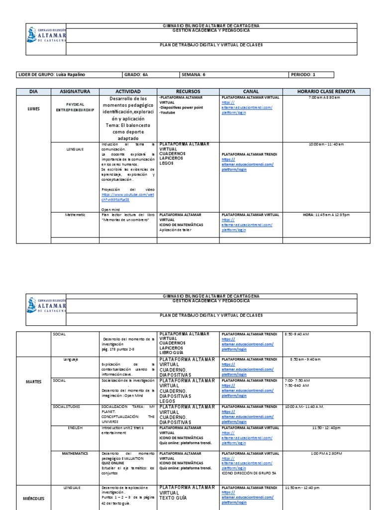 (6 Semana) Formato Plan Semanal de Clases Digitales y Virtuales Primaria | PDF | Science ...