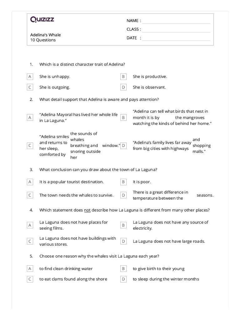 Adelina's Whale 10 Questions Comprehension | PDF | Whales | Cetaceans
