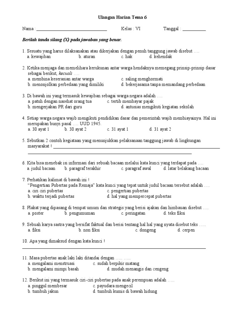 Ulangan Harian Tema 6 Kelas 6 | PDF