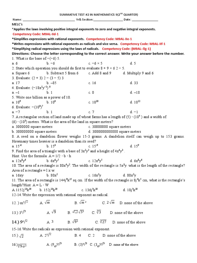 2nd Q SUMMATIVE TEST #2 Math 9 | Download Free PDF | Area | Abstract ...