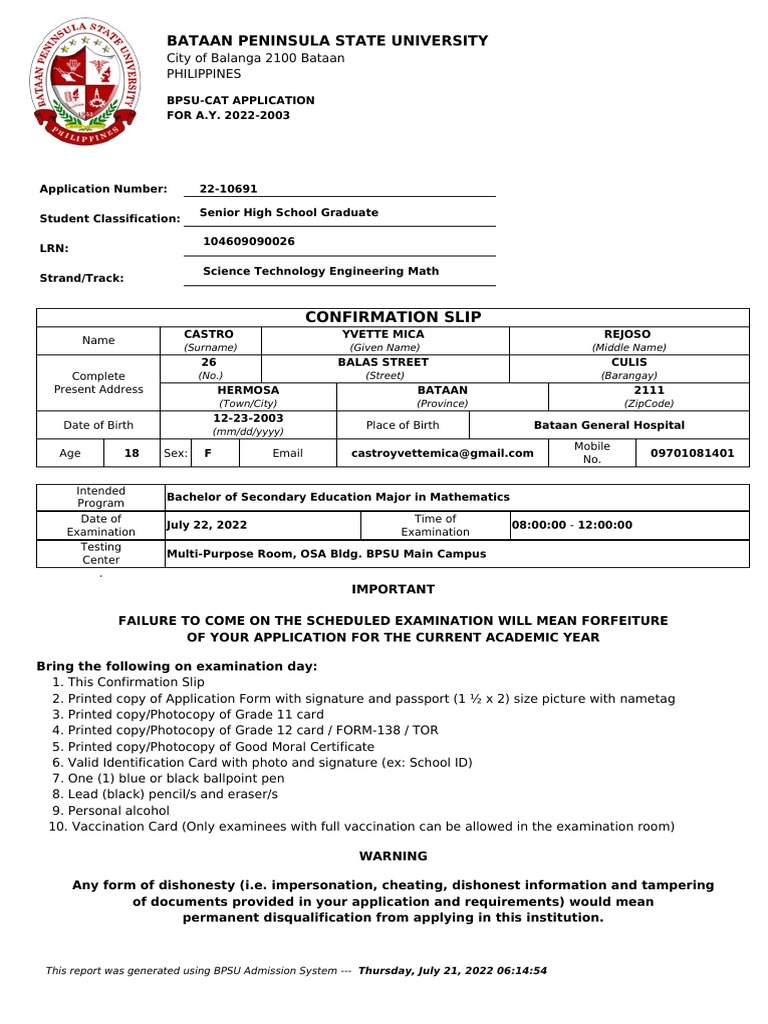 22 10691 - BPSU CAT Confirmation Slip | PDF