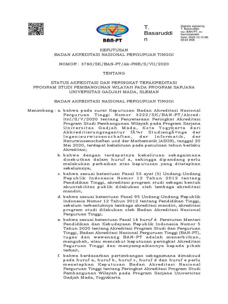 SK BAN PT Unggul Sarjana Pembangunan Wilayah 1 | PDF