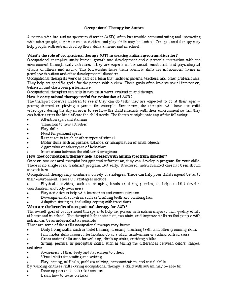 OT For Autism | PDF | Occupational Therapy | Autism