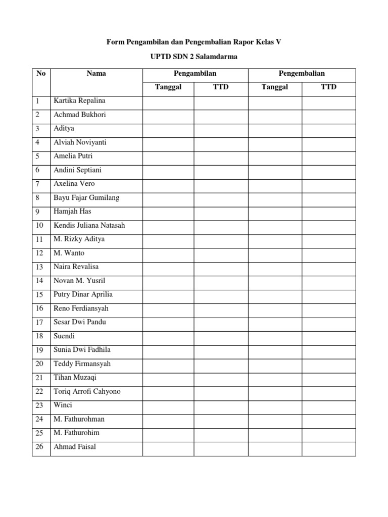 Form Pengambilan Dan Pengembalian Rapor Kelas V | PDF