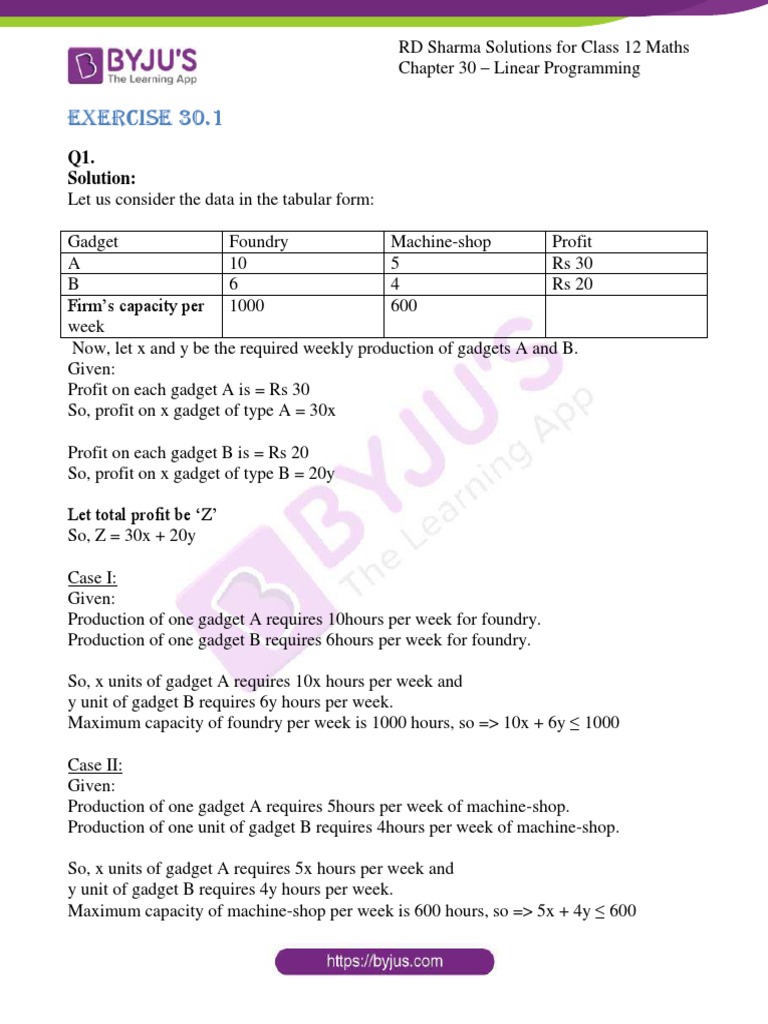 RD Sharma Solutions For Class 12 Maths Chapter 30 Ex 1 | PDF | Linear ...