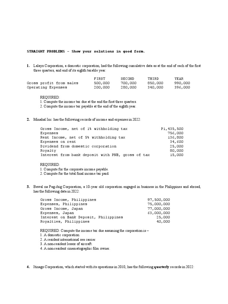 Straight Problems Income Tax Bsa2 | PDF | Gross Income | Income Tax