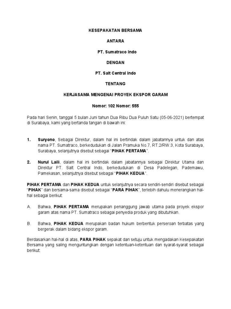 Contoh Sales Contract Ekspor Garam | PDF