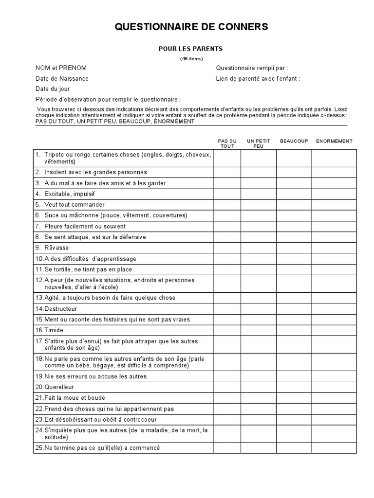 Questionnaire de Conners Pour Les Parents 2021 | PDF | Ouverture ...