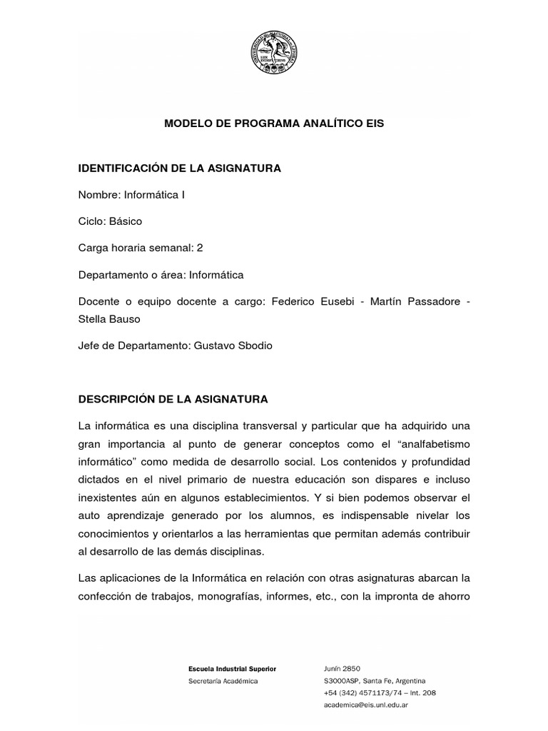 PROGRAMA ANALÍTICO Informática I - 2020 | PDF