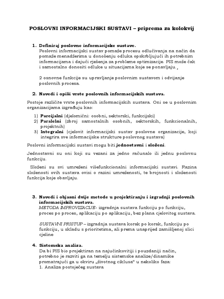POSLOVNI INFORMACIJSKI SUSTAVI Priprema Kolokvij | PDF